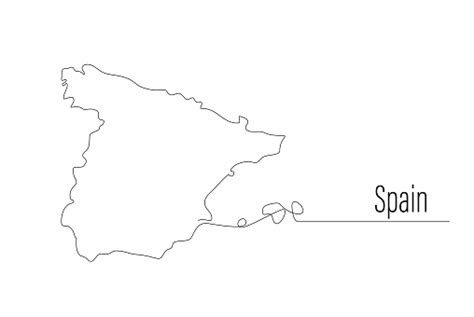 스페인지도 단일 연속 선 그리기 국가 한 줄 스페인어 등고선 지도 국가 모양 유럽 국가 Eu의 주의지도 실루엣 편집 가능한 획 그리기 벡터 그림 스페인에 대한 스톡 벡터
