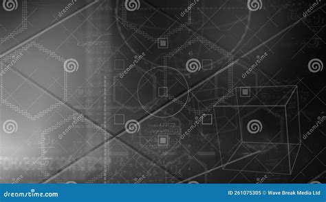 Animation Of Scanner Processing Data With Shapes And Maths Equations On Dark Grey Background