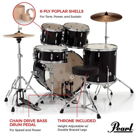 Pearl Roadshow Rs525scc 5 Piece Complete Drum Set With Cymbals Jet Black