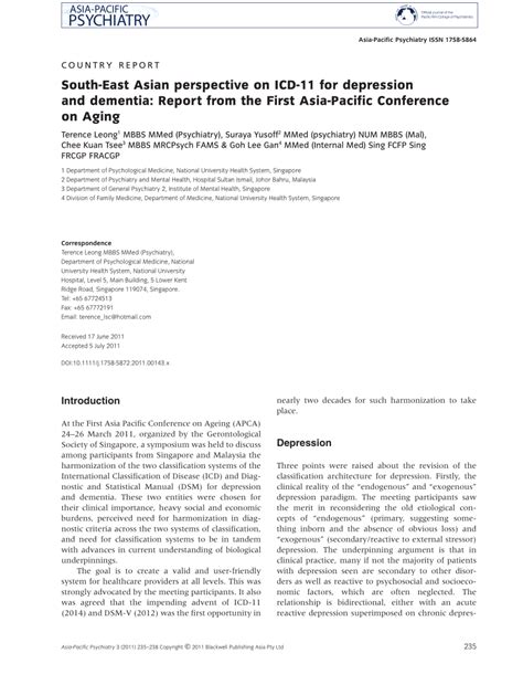 Pdf South East Asian Perspective On Icd 11 For Depression And