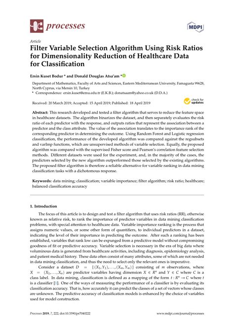 Pdf Filter Variable Selection Algorithm Using Risk Ratios For