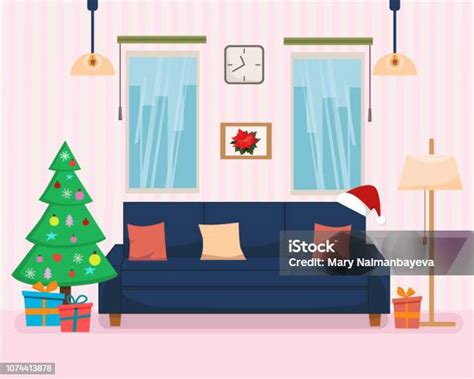 트리 선물 가구 소파 책장 램프와 함께 크리스마스 홈 인테리어 플랫 만화 스타일 벡터 일러스트 레이 션 0명에 대한 스톡 벡터 아트 및 기타 이미지 Istock