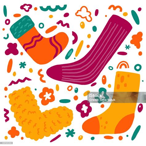 귀여운 양말과 추상적 인 모양 플랫 손으로 그린 벡터 일러스트 스칸디나비아 스타일의 다채로운 컬렉션 아늑한 겨울 옷 간단한 요소 세트 디자인 인쇄 장식 카드 스티커 배너용