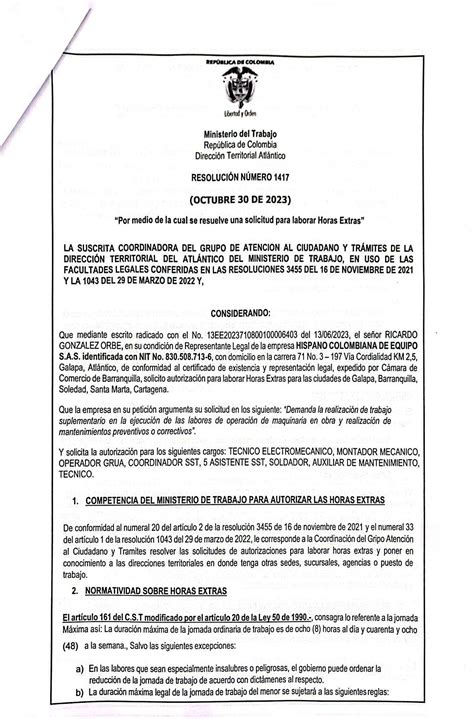 Reglamento Interno De Trabajo Hispano Colombiana De Equipos Sas