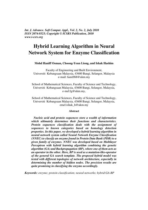 Pdf Hybrid Learning Algorithm In Neural Network System For Enzyme Classification
