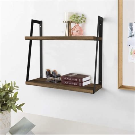 Joel 18 Inch Rectangular 2 Tier Wood Floating Wall Mount Shelf With Metal Frame Brown And 1