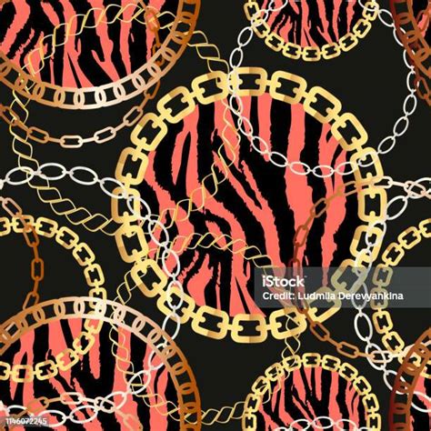 골든 체인과 표범 인쇄와 패션 완벽 한 패턴입니다 체인 금속 액세서리와 패브릭 디자인 배경입니다 패션 액세서리와 고급 스러운 선형 인쇄 가죽에 대한 스톡 벡터 아트 및 기타