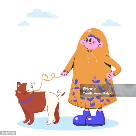 행복하고 귀여운 아이가 노란 비옷을 입고 강아지와 함께 웅덩이를 걷는다 비가 오는 계절 벡터 일러스트 레이 션 Y2k 개에 대한