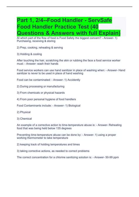 Part Food Handler ServSafe Food Handler Practice Test Questions Answers With