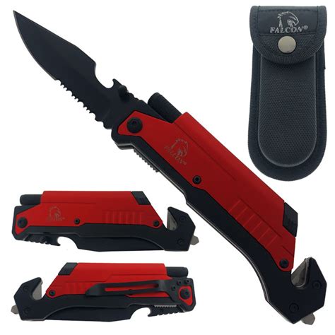 Multi Tool Falcon Spring Assisted Knife Red Handle W Firestarter
