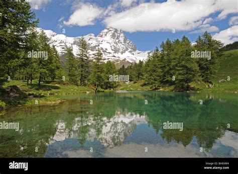 Il Lago Blu Or The Blue Lake In Valtournenche Italy With The Peak Of