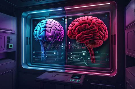 Dual Ai Brains On Digital Screen Advanced Neural Networks Futuristic Artificial Intelligence