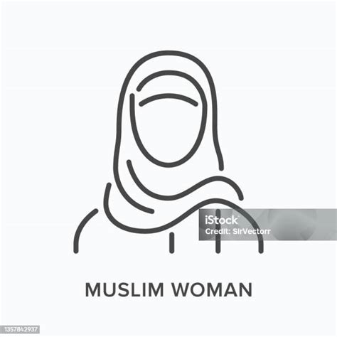 무슬림 여자 플랫 라인 아이콘 히잡에 있는 여성의 벡터 윤곽선 일러스트레이션 아라비아 여성을위한 검은 얇은 선형 그림 가리기에 대한 스톡 벡터 아트 및 기타 이미지 Istock