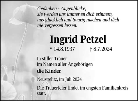 Traueranzeigen Von Ingrid Petzel Trauer Nordkurier