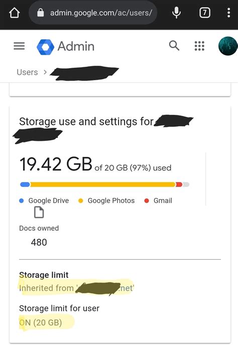 how do i remove the inherited storage limit in workspace r gsuite