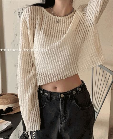 그물니트 레이어드 여름 긴팔니트 펀칭 네트 빈티지 데미지 긴팔티 하이웨스트 루즈핏 시스루 크롭티셔츠 비치웨어 바캉스 모노키니