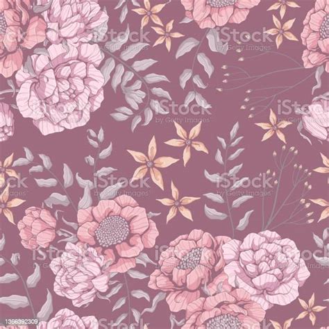 플로럴 모티프가 돋보기 좋은 패턴 장미와 모란 배경 분홍색 꽃과 잎이있는 회색 가지 손으로 그린 식물 벡터 프린트 디자인 직물