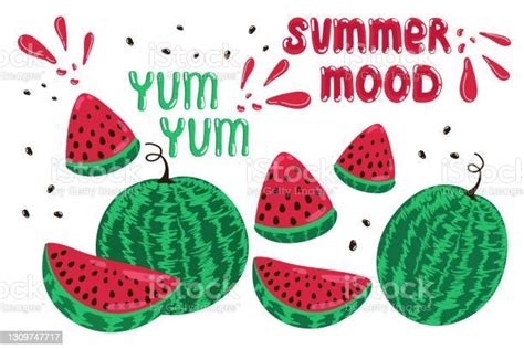 배너 여름 무드 육즙 수박 육즙 잘 익은 수박 세트 얌 전체 수박과 슬라이스 여름 기쁨 과일 손으로 그린 스타일로 벡터 일러스트 0명에 대한 스톡 벡터 아트 및 기타 이미지