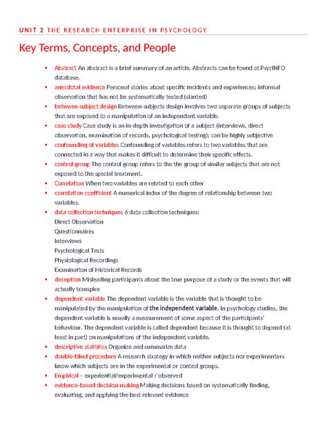 Unit Key Terms U N I T T H E R E S E A R C H E N T E R P R I S E I N P S Y C H O L O G Y