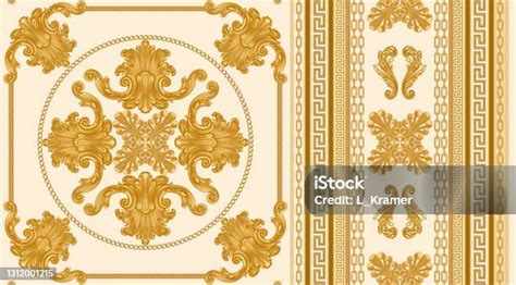 베이지 색 배경 골드 체인 및 케이블 그리스 어 마더 프리즈 바로크 스크롤 및 진주 쉘에 매끄러운 테두리 패턴 인쇄 스카프 네커치크 커추어 카펫 양탄자 매트 프리즈 바로크