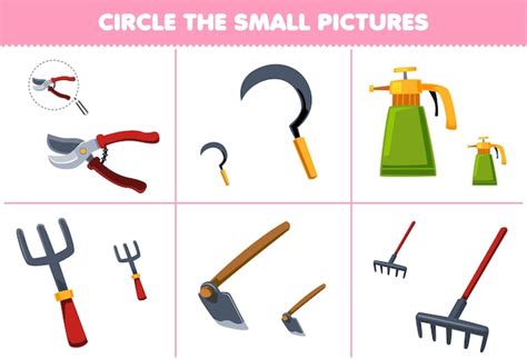 어린이를 위한 교육 게임은 귀여운 만화 정리기 낫 분무기 포크 괭이 갈퀴 인쇄용 도구 워크시트의 작은 그림을 동그라미로 표시합니다 프리미엄 벡터