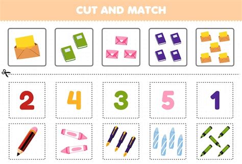 아이들을 위한 교육 게임은 같은 수의 귀여운 만화 책 봉투 연필 펜 크레용과 마커 인쇄 가능한 도구 워크시트를 자르고 일치시킵니다 프리미엄 벡터