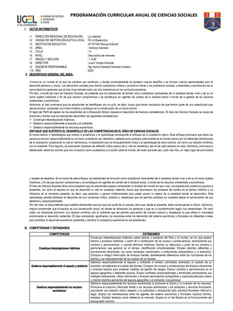 Programacion Curricular Anual Cc Ss 1° Pdf Evaluación Aprendizaje