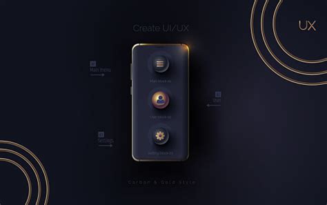 모바일 Ui Ux Korbon 및 골드 개념 검은 색 배경에 블록과 아이콘으로 구성된 모바일 앱 인터페이스와 휴대 전화 사용자 환경 사용자 인터페이스 벡터 일러스트3d