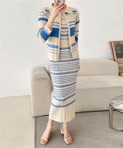 봄 50대 미시룩 하객룩 정장 오피스룩 배색 컬러 골지 니트 나시 원피스 가디건 세트