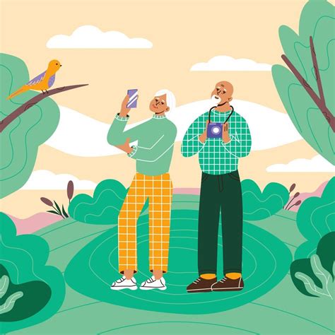 Ilustración De Vector Plano De Observación De Aves U Ornitología Las Parejas Mayores Tienen