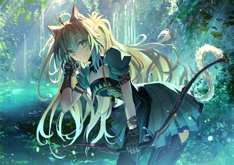Cat Tail Cat Girl Leaves Nature Brunette Bent Over Dress Blue