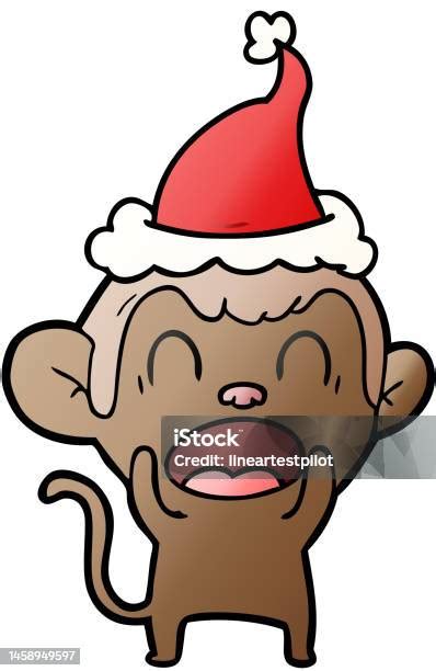 산타 모자를 쓴 원숭이의 손으로 그린 그라데이션 만화를 외치다 귀여운에 대한 스톡 벡터 아트 및 기타 이미지 귀여운 그라데이션 낙서 드로잉 Istock