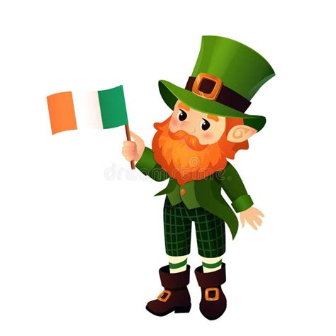 Vector Illustration Of A Cheerful Leprechaun Holding The Irish Flag