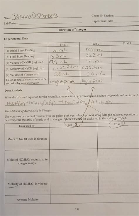 Solved Experimental Data Data Analysis Write The Balanced
