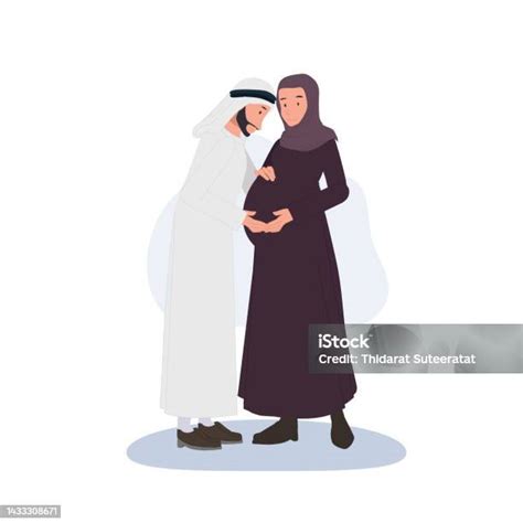 히잡 에있는 임산부 전통적인 드레스를 입은 남자가 포옹하고 아내를 돌 봅니다 아이의 탄생을 기다리는 무슬림 가족 벡터 일러스트 레이 션 가족에 대한 스톡 벡터 아트 및 기타