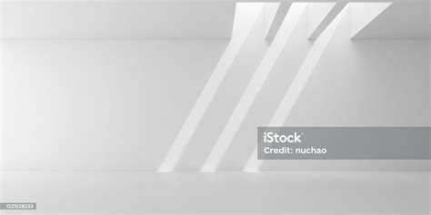 태양 빛이있는 흰색 콘크리트 내부의 추상적 인 벽에 그림자를 드리워 기하학적 구조 디자인 박물관 공간 잔인한 건축의 관점 3d