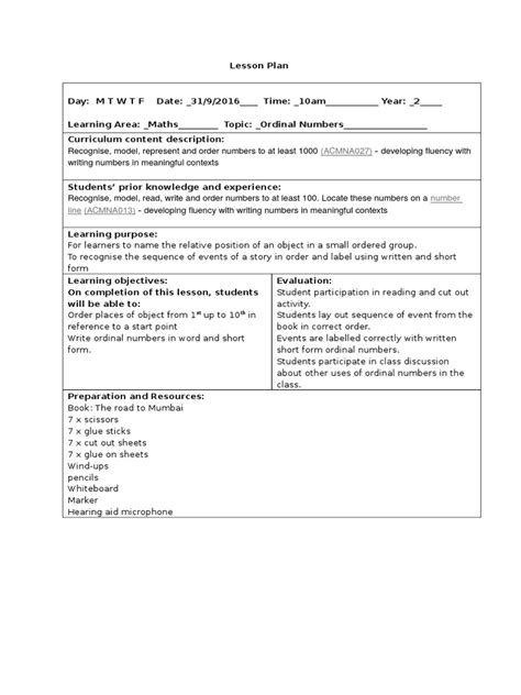 Lesson Plan Ordinal Numbers Lesson Plan Teaching
