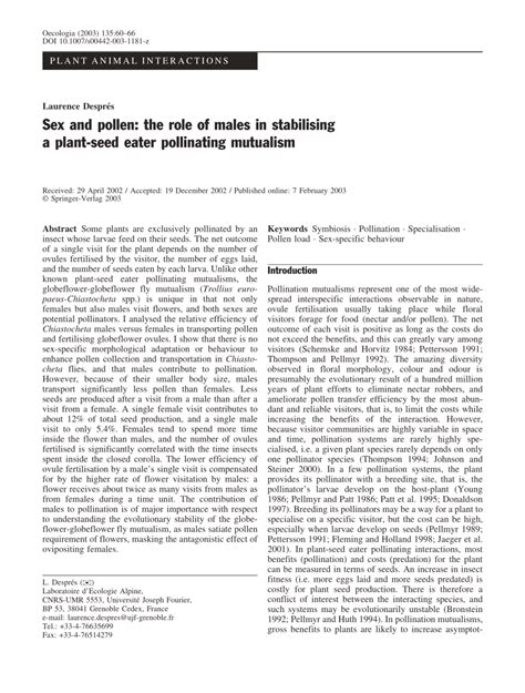 PDF Sex And Pollen The Role Of Males In Stabilising A Plant Seed Eater Pollinating Mutualism