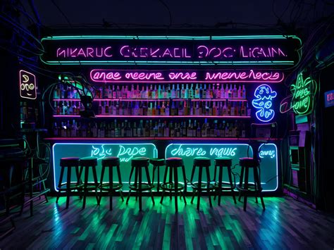 A Close Up Of A Bar With Neon Signs And Stools Seaart Ai