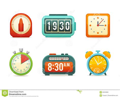 Flat Clock Icons Set With Digital And Analog Displays Stock Vector