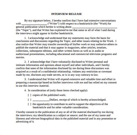 Free 14 Sample Interview Release Forms In Pdf Ms Word