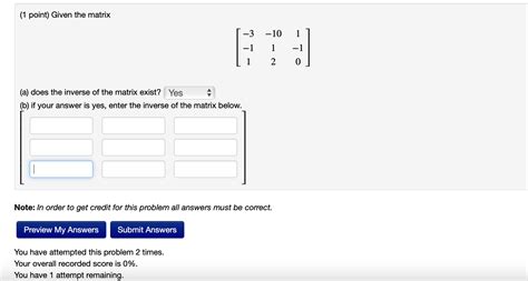 Solved 1 Point Given The Matrix 3 10 1 1 1 1 2 0 A Chegg Com