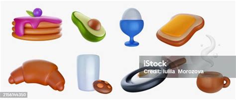 미니멀하고 귀여운 현대적인 스타일의 아침 식사 음식 요소를 3d 렌더링합니다 팬케이크 아보카도 계란 토스트 샌드위치 크루아상 우유와 쿠키 커피 프라이팬 밝고 사실적인 벡터