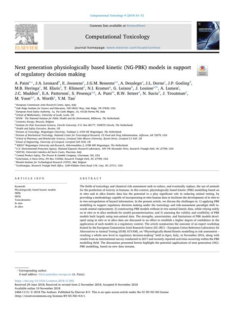 Pdf Next Generation Physiologically Based Kinetic Ng Pbk Models In Support Of Regulatory