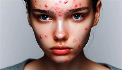 A Woman With Acne On Her Face And The Red Spots On Her Face Premium