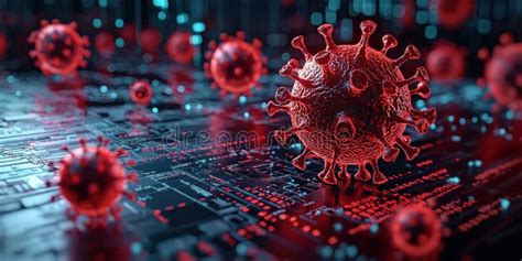 Cyberattack Concept With Binary Virus Code Glitch Effects And Warning Signs Flashing In Red