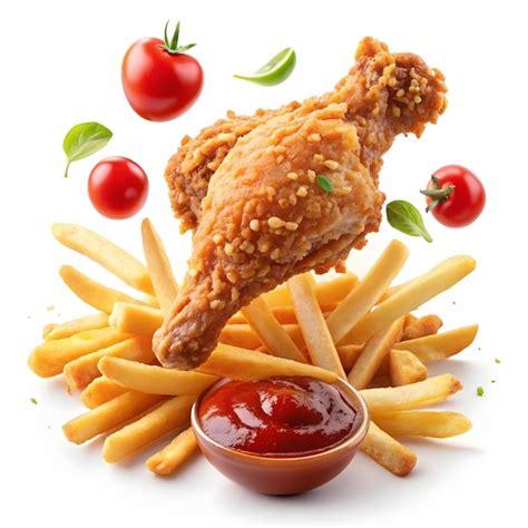 Floating Kfc Style Fried Chicken French Fries Tomato Ketchup On White