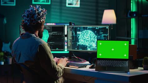 It Admin Coding And Using Eeg Headset To Upload Brain Into Green Screen Laptop Premium Stock