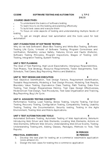 Ccs366 Software Testing And Automation Ccs366 Software Testing And Automation L T P C 2 0 2 3