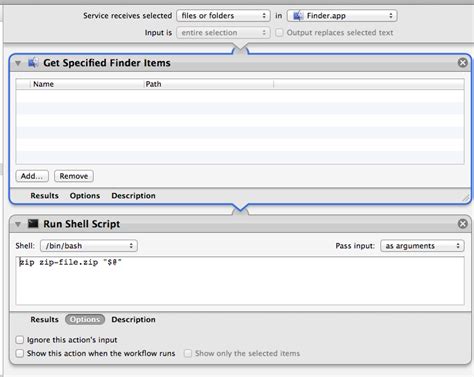 create a zip file using an automator service ask different